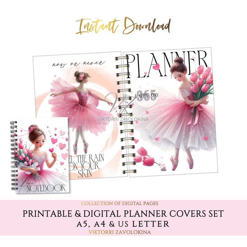 Ballerina Printable Planner Covers, Digital Notebook Cover, Printable ...