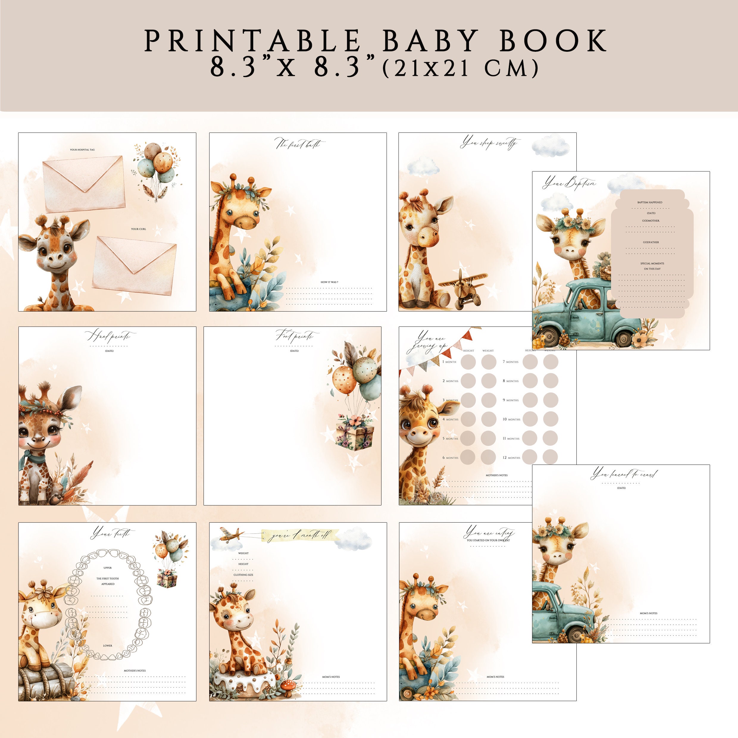 Printable Baby Memory Book Pages, Sweet Giraffe Baby Monthly Milestone ...