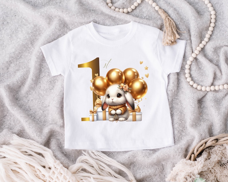 Baby First Birthday Bunny PNG, Gold Balloon Rabbit Sublimation Design ...
