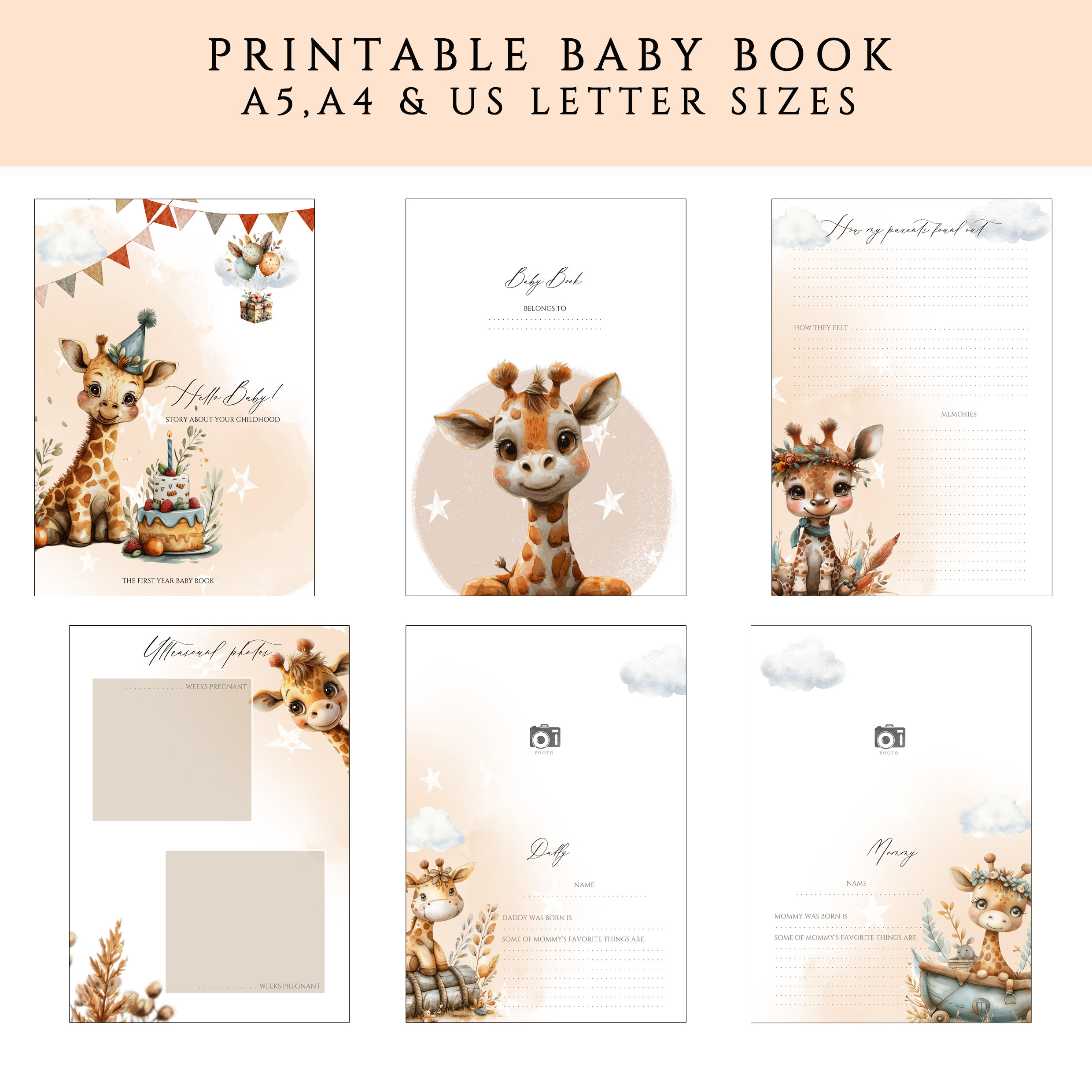 Printable Baby Memory Book Pages, Giraffe Baby Monthly Milestone Book ...