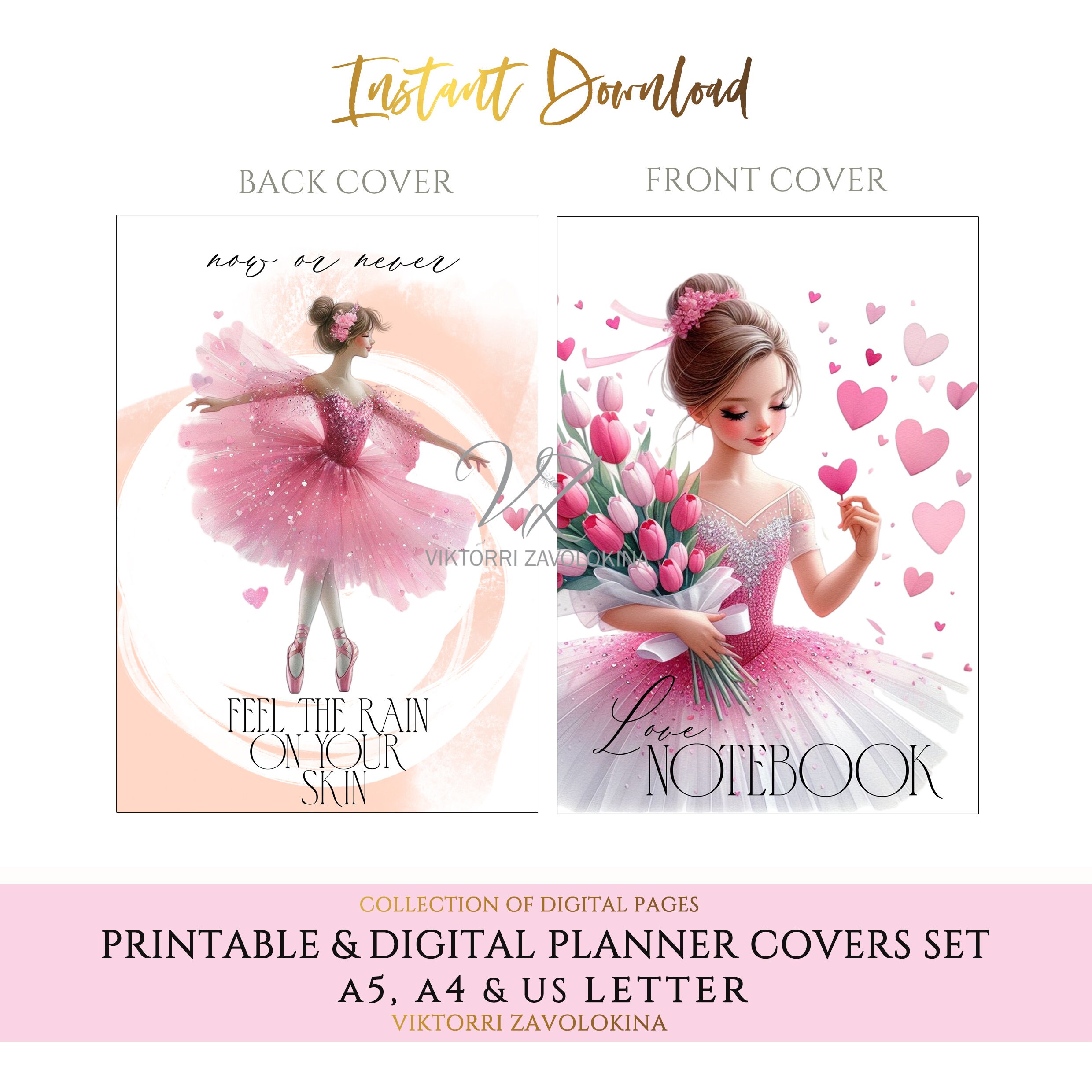 Ballerina Printable Planner Covers, Digital Notebook Cover, Printable ...