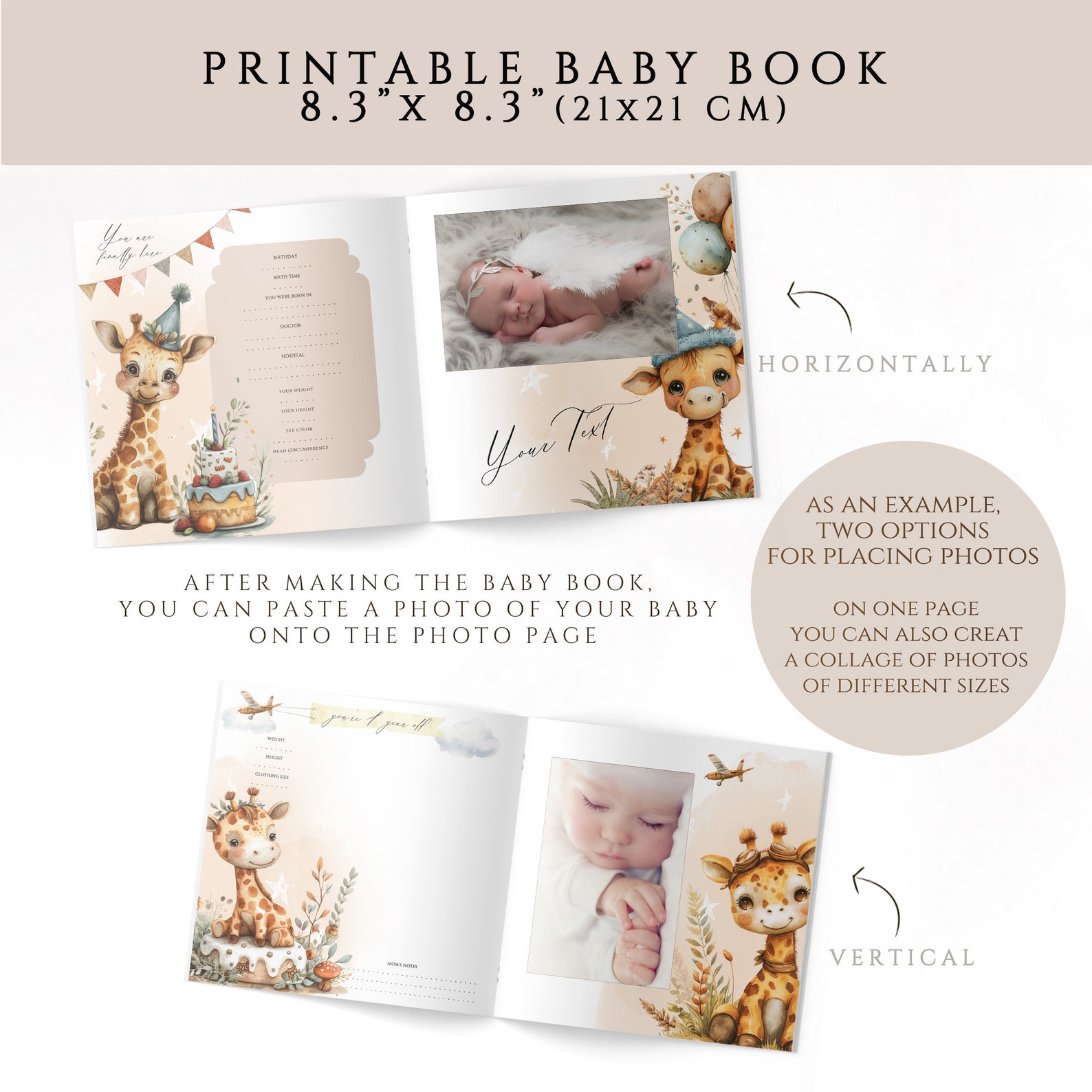 Printable Baby Memory Book Pages, Sweet Giraffe Baby Monthly Milestone ...