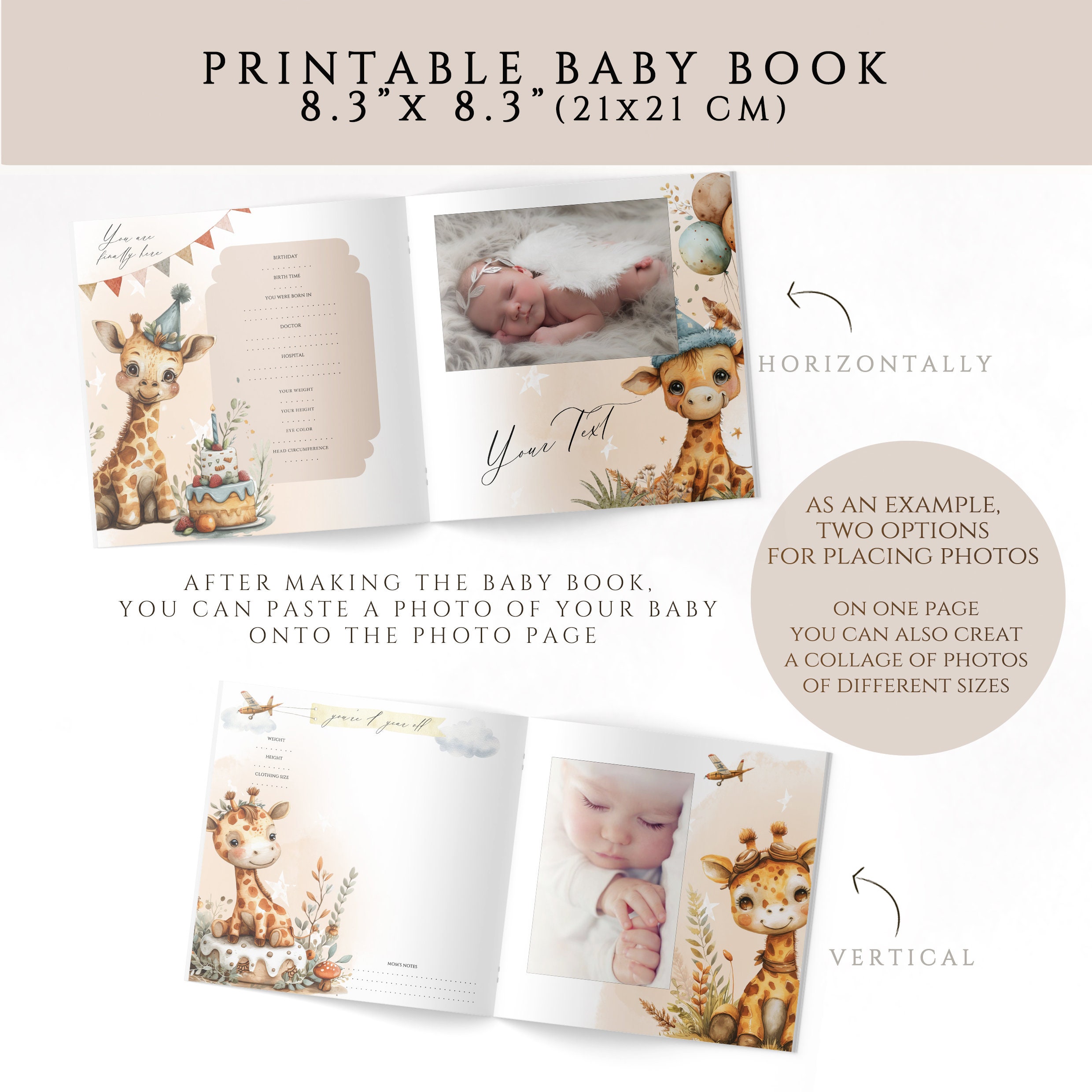Printable Baby Memory Book Pages, Sweet Giraffe Baby Monthly Milestone ...