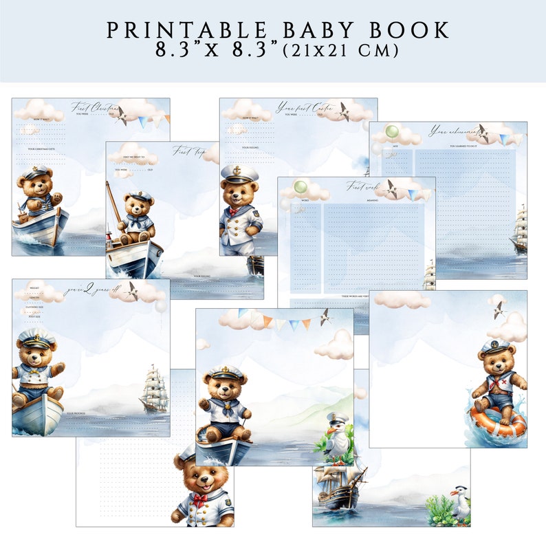 Nautical Sailor Bear Baby Monthly Milestone Book, Printable Baby Memory ...