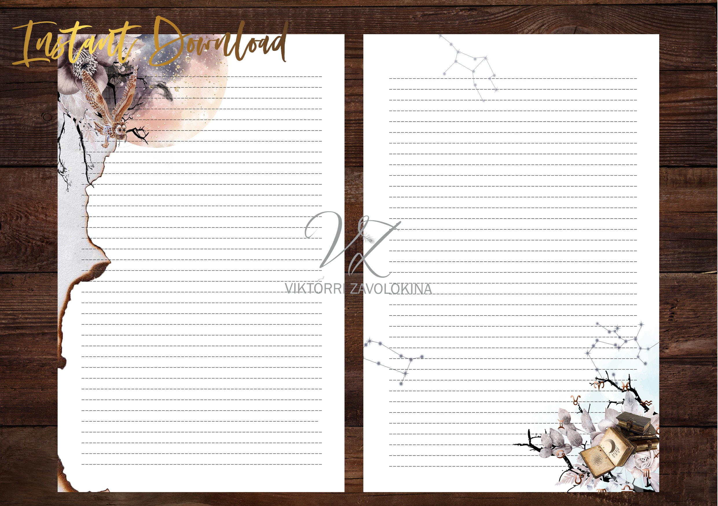 Half Letter Magic Moon Notes Pages Printable - Owl Lined Writing ...