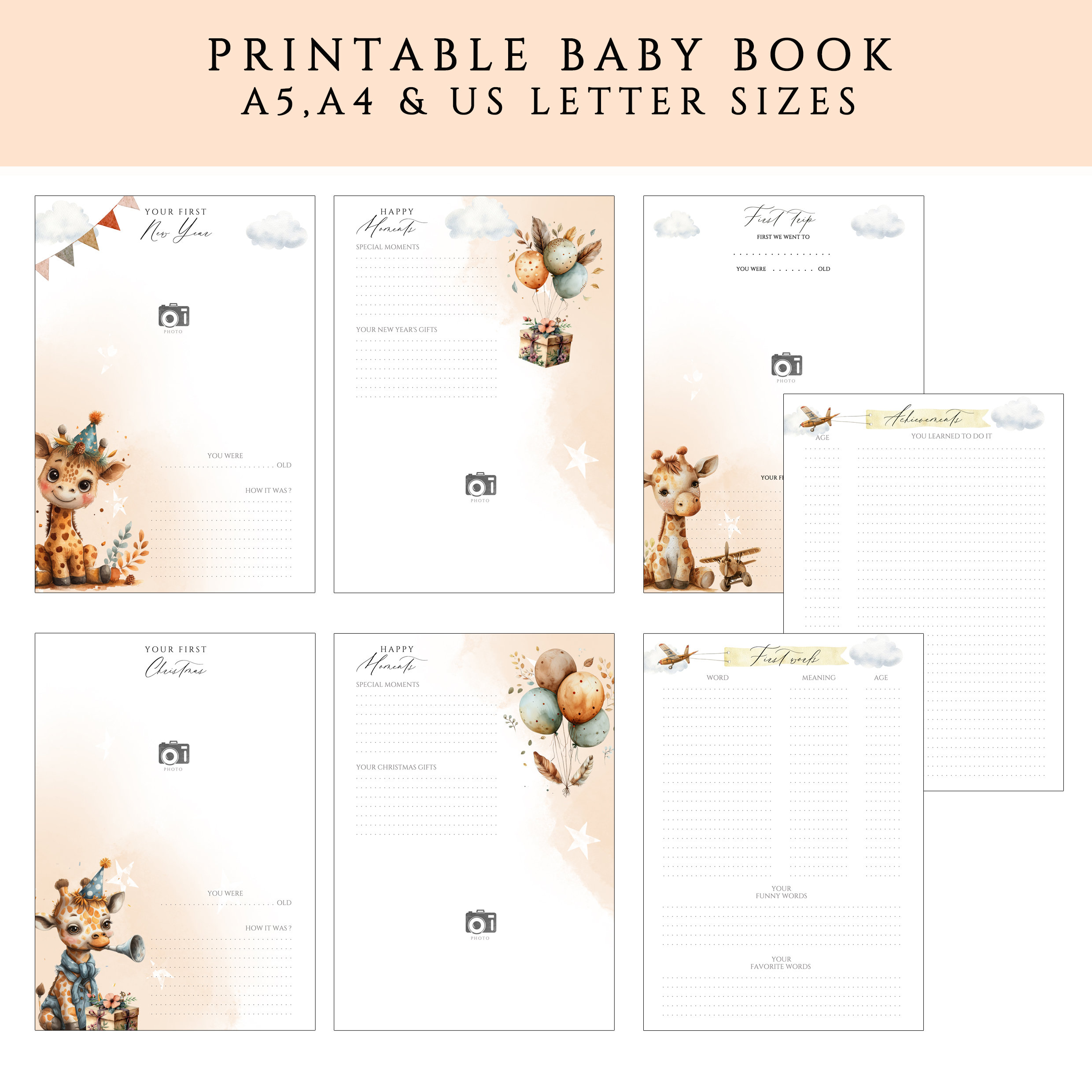 Printable Baby Memory Book Pages, Giraffe Baby Monthly Milestone Book ...