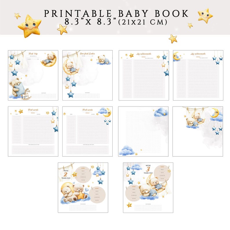 Twins Printable Baby Memory Book Pages, Baby Bear First Year Baby ...