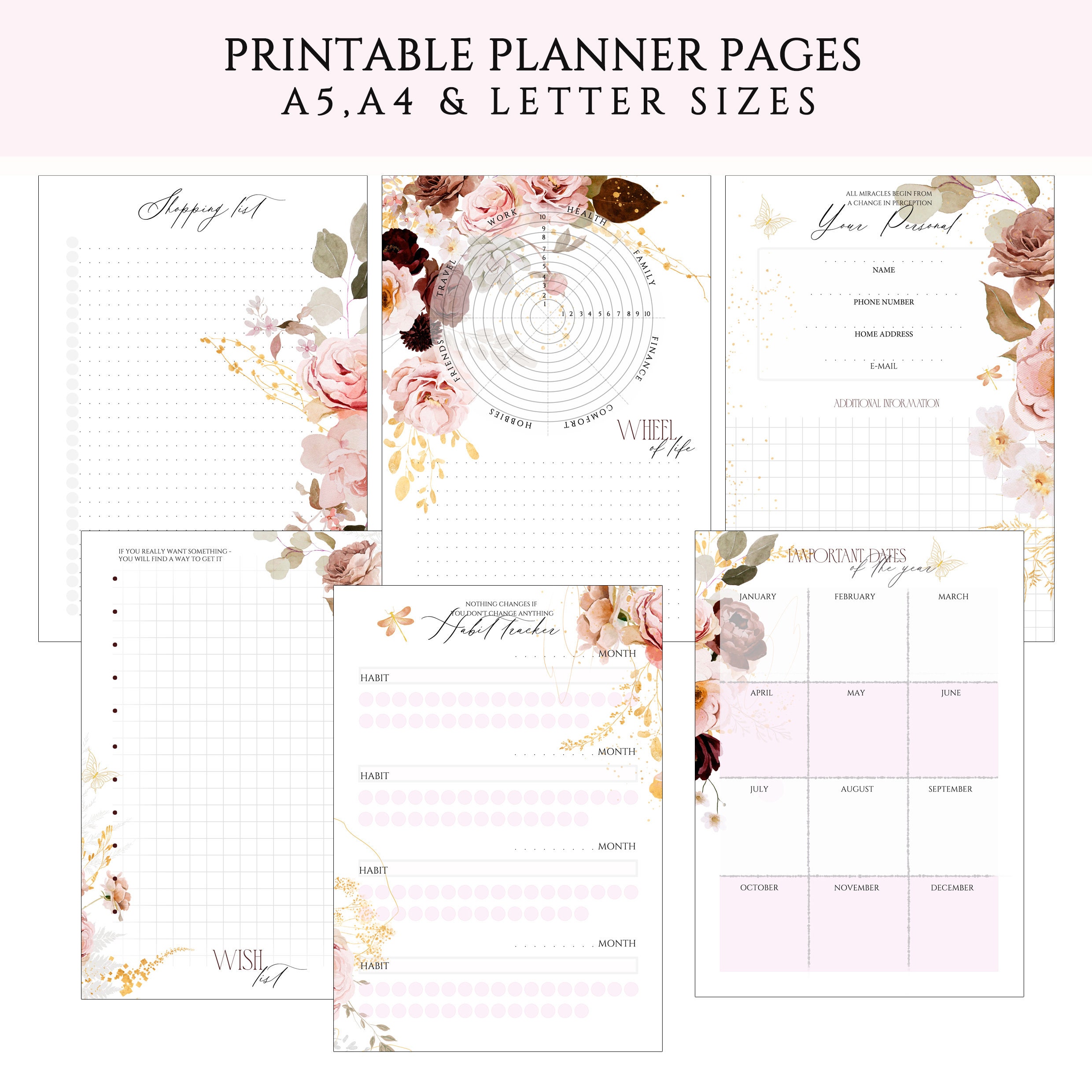 Flowers Printable Planner Pages, Floral Notebook Cover With Undated ...