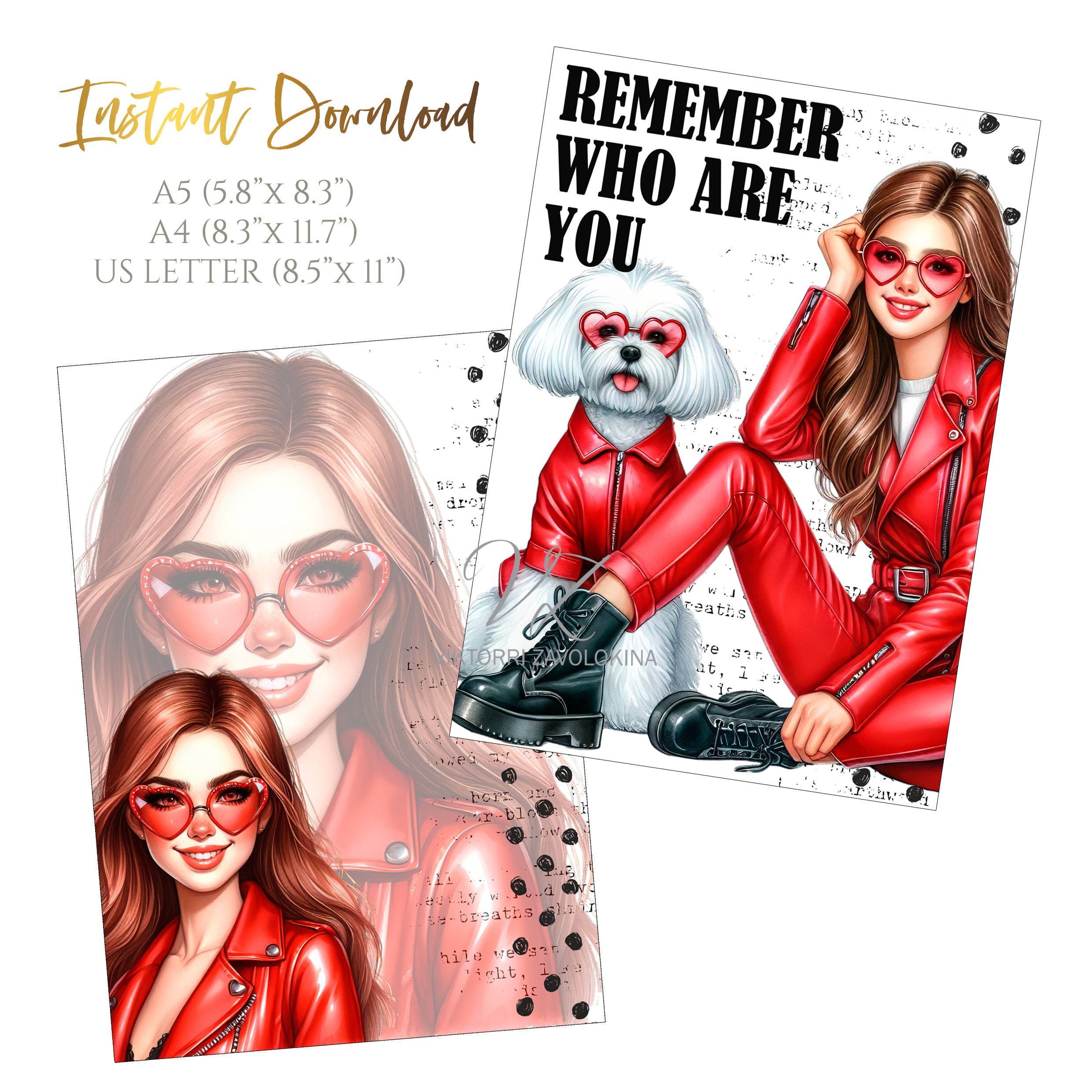 Red Fashion Girl Printable Planner Covers, Digital Notebook Cover ...