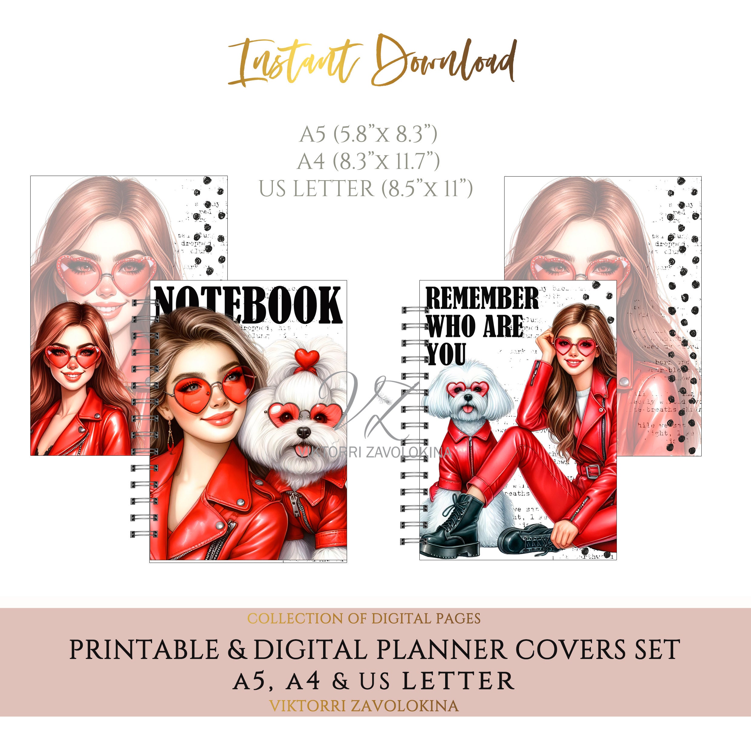 Red Fashion Girl Printable Planner Covers, Digital Notebook Cover ...