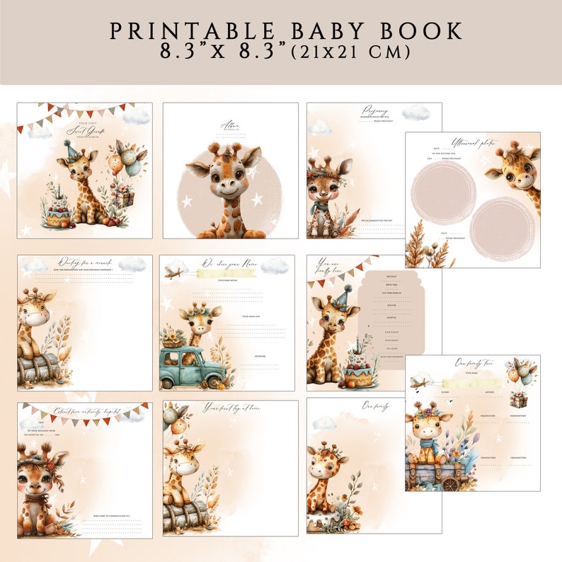 Printable Baby Memory Book Pages, Sweet Giraffe Baby Monthly Milestone ...