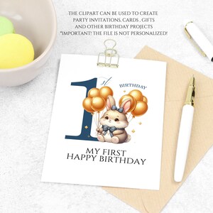 Baby First Birthday Bunny Clipart PNG, Gold Balloon Rabbit Sublimation ...