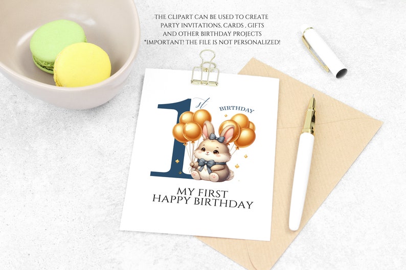 Baby First Birthday Bunny Clipart PNG, Gold Balloon Rabbit Sublimation ...