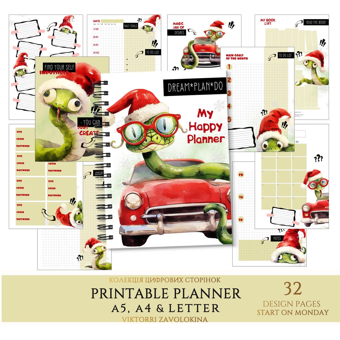 Funny Snake Printable Planner Pages, Christmas Snakes Notebook Cover ...