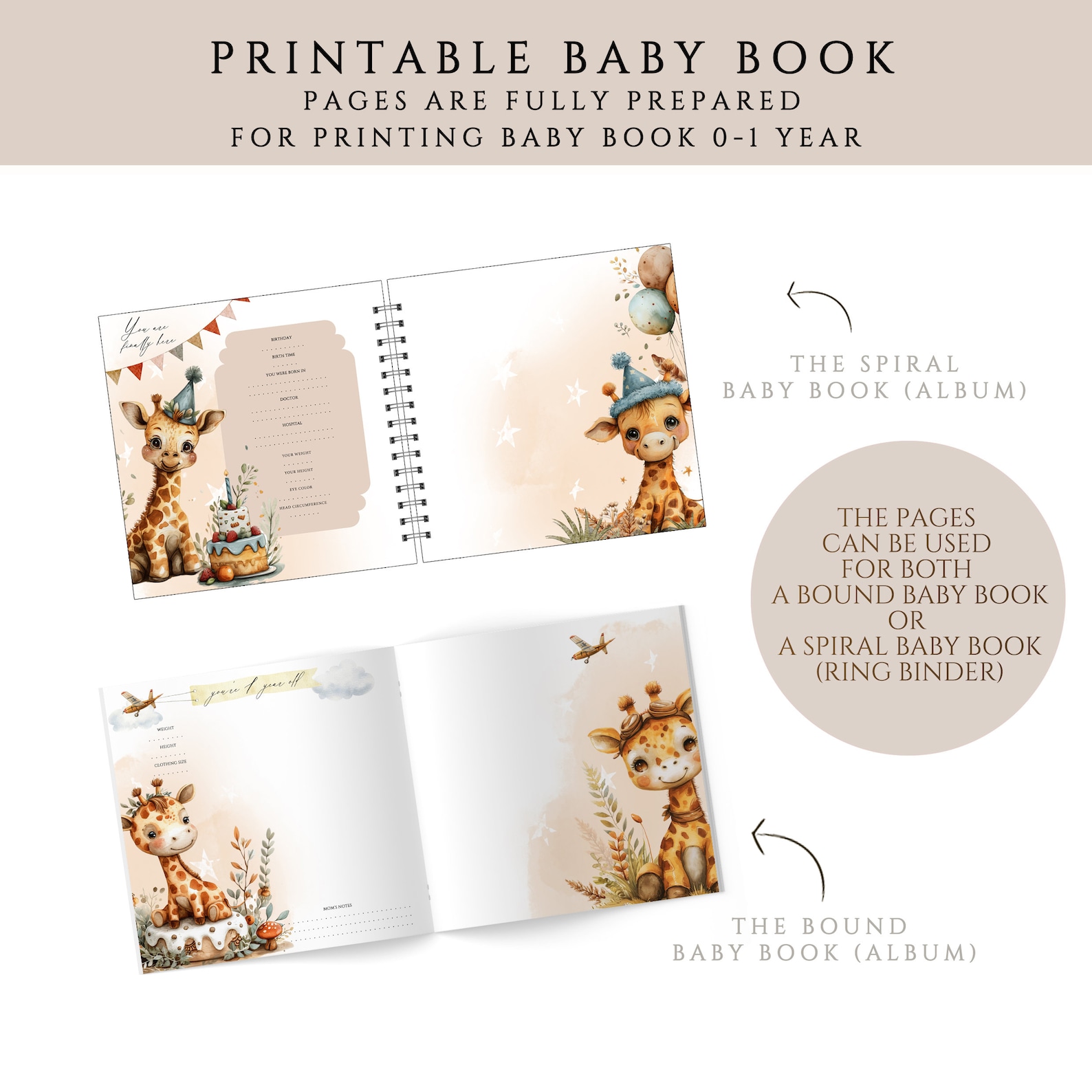 Printable Baby Memory Book Pages, Sweet Giraffe Baby Monthly Milestone ...