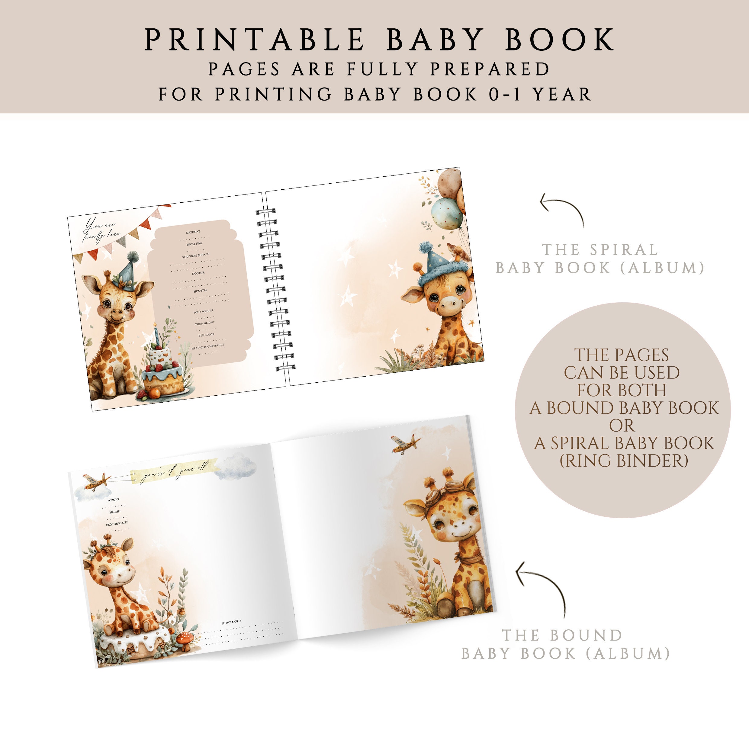 Printable Baby Memory Book Pages, Sweet Giraffe Baby Monthly Milestone ...