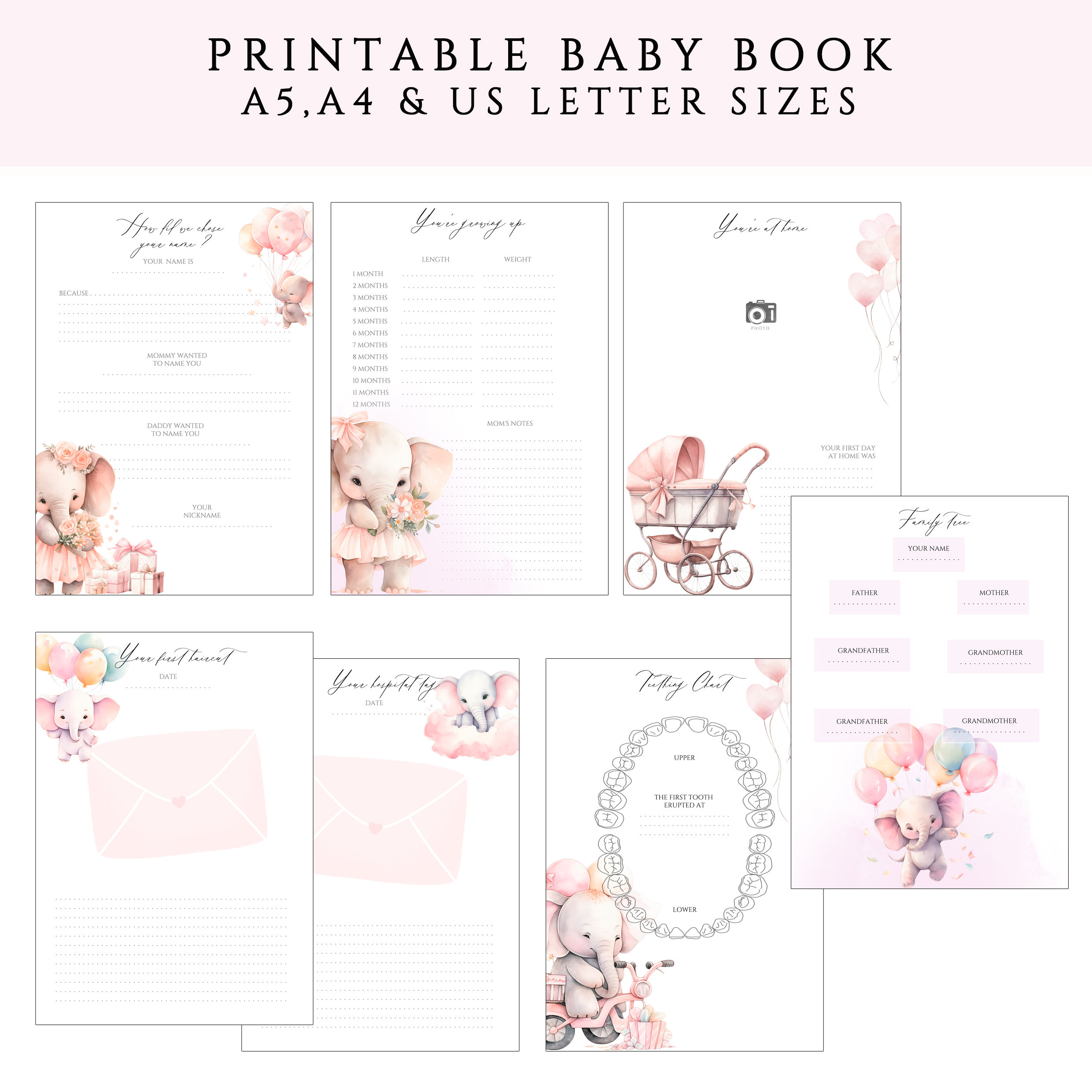 1st Printable Baby Book Pages, Pink Elephant Baby Memory Book, First ...
