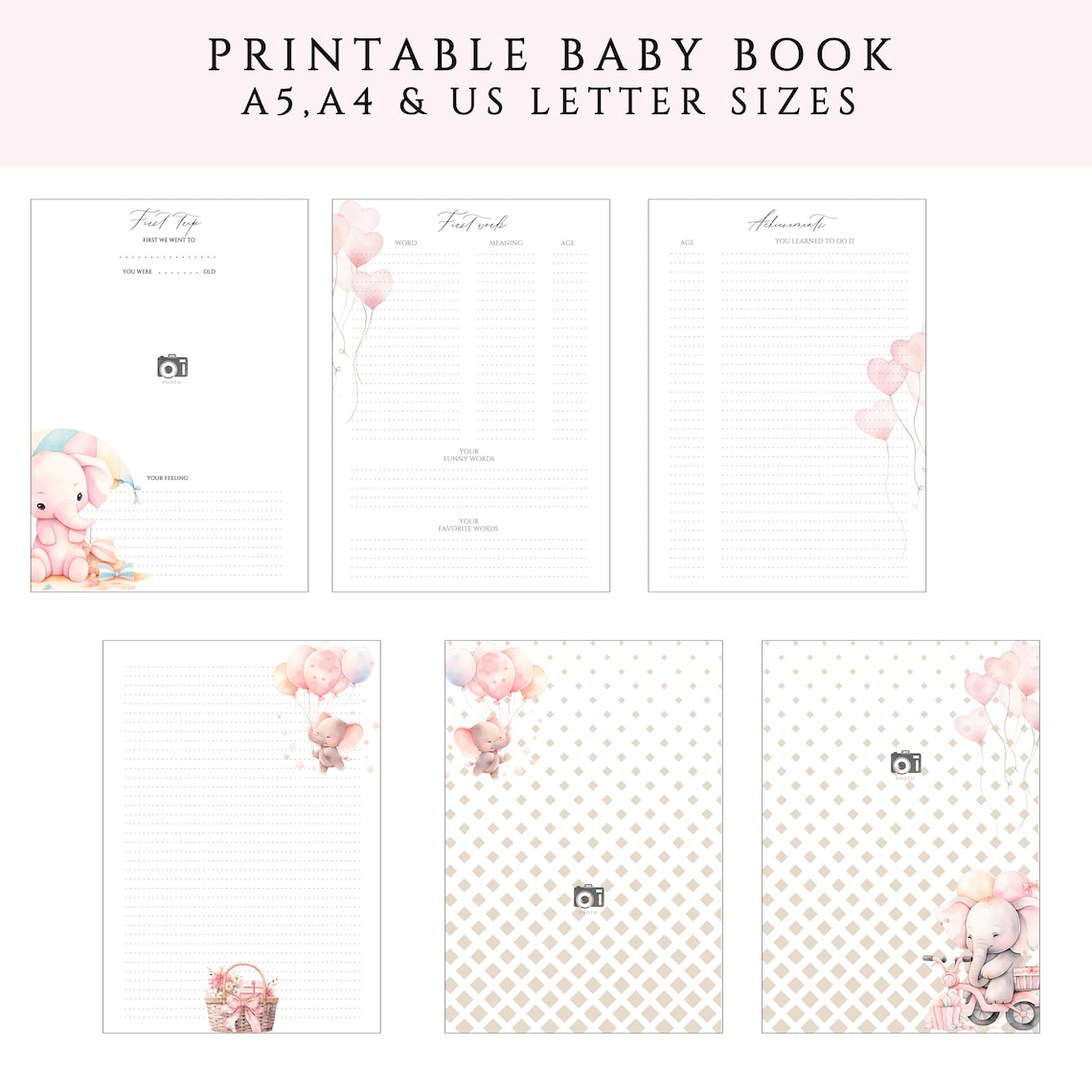 1st Printable Baby Book Pages, Pink Elephant Baby Memory Book, First ...