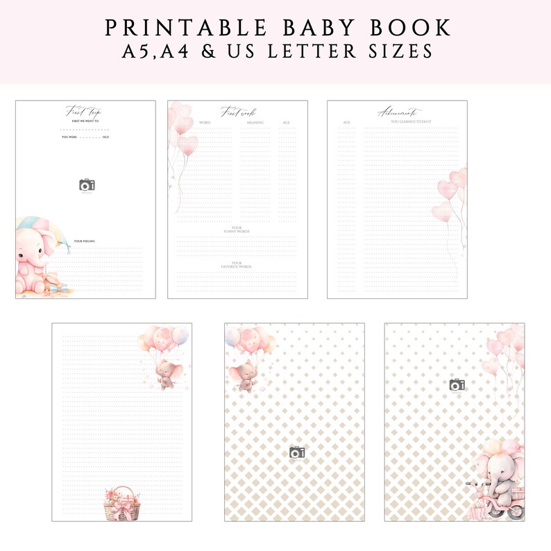 1st Printable Baby Book Pages, Pink Elephant Baby Memory Book, First ...