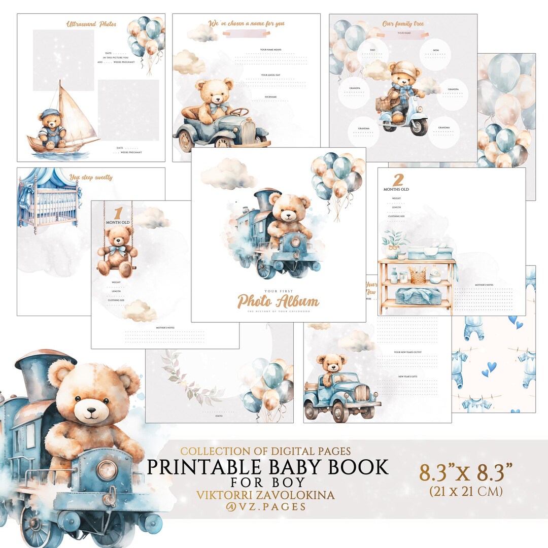Baby Bear Printable Baby Memory Book Pages, First Year Baby Monthly ...