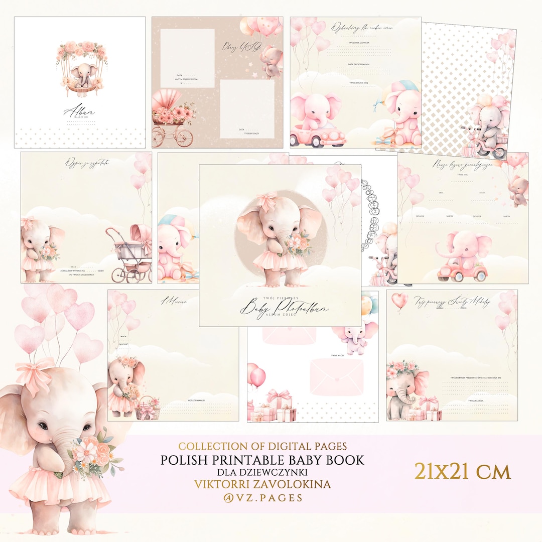Polish Printable Baby Memory Book Pages, Pink Elephant Baby Monthly ...