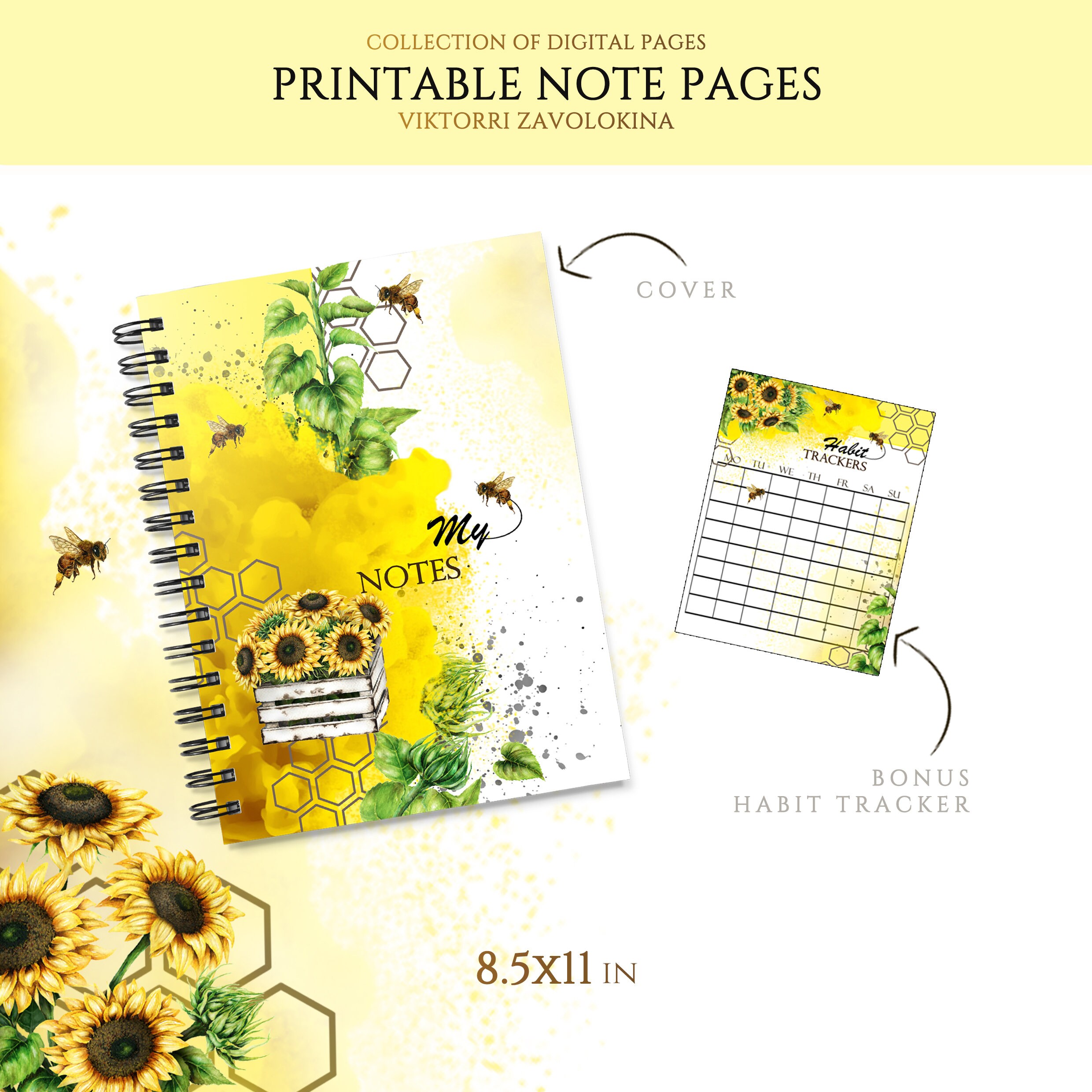 Lined & Unlined Journal Paper, Printable Note Pages, Sunflowers Bees ...