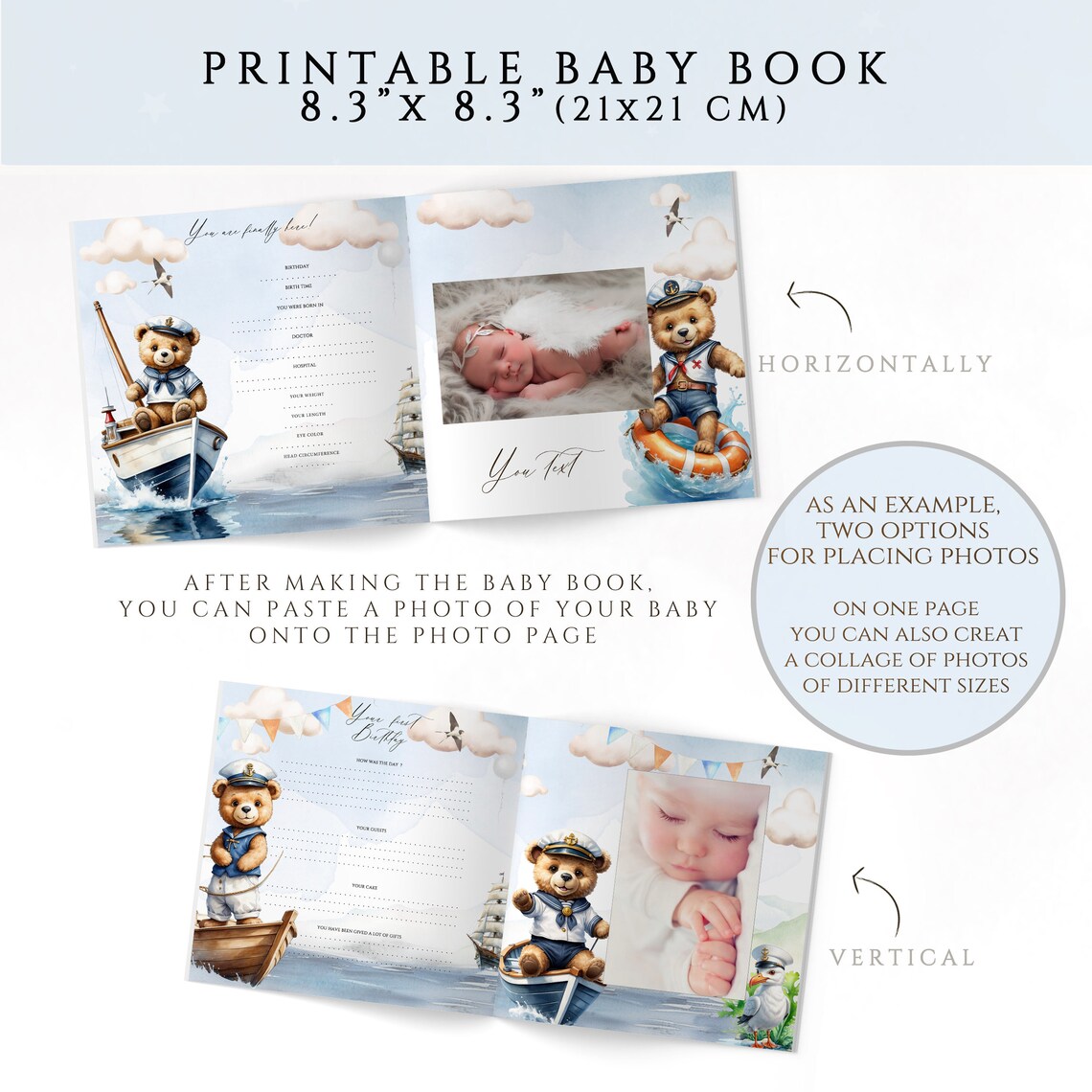 Nautical Sailor Bear Baby Monthly Milestone Book, Printable Baby Memory ...