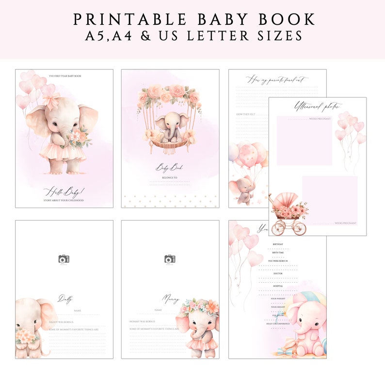 1st Printable Baby Book Pages, Pink Elephant Baby Memory Book, First ...