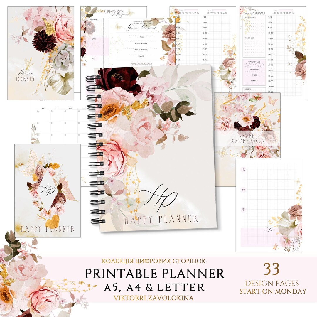 Flowers Printable Planner Pages, Floral Notebook Cover With Undated ...