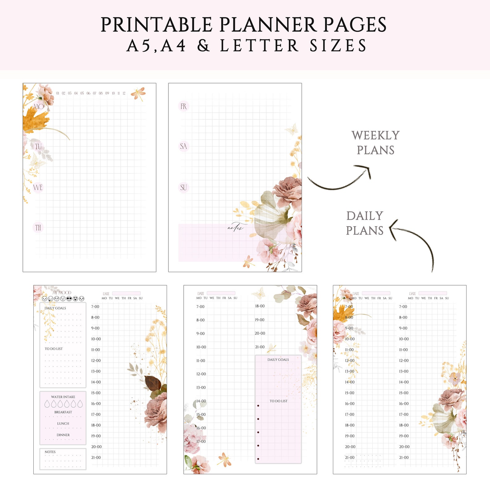 Flowers Printable Planner Pages, Floral Notebook Cover With Undated ...
