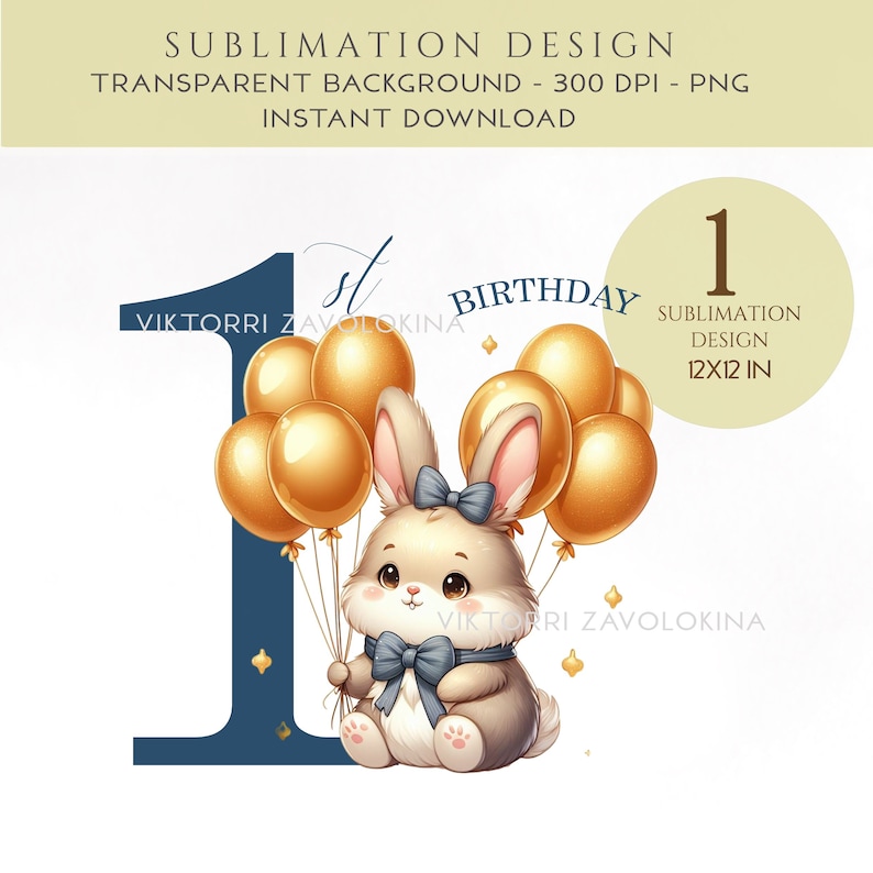 Baby First Birthday Bunny Clipart PNG, Gold Balloon Rabbit Sublimation ...