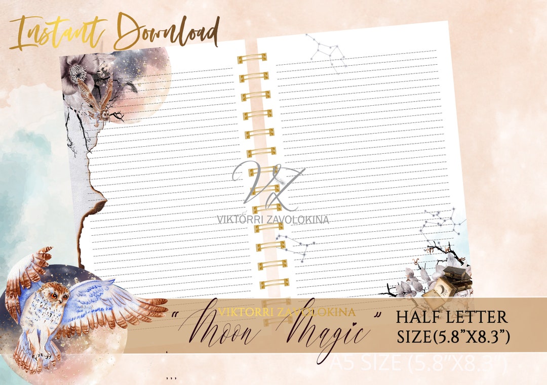 Half Letter Magic Moon Notes Pages Printable - Owl Lined Writing ...
