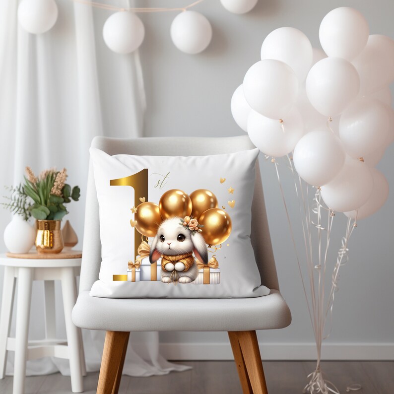 Baby First Birthday Bunny PNG, Gold Balloon Rabbit Sublimation Design ...