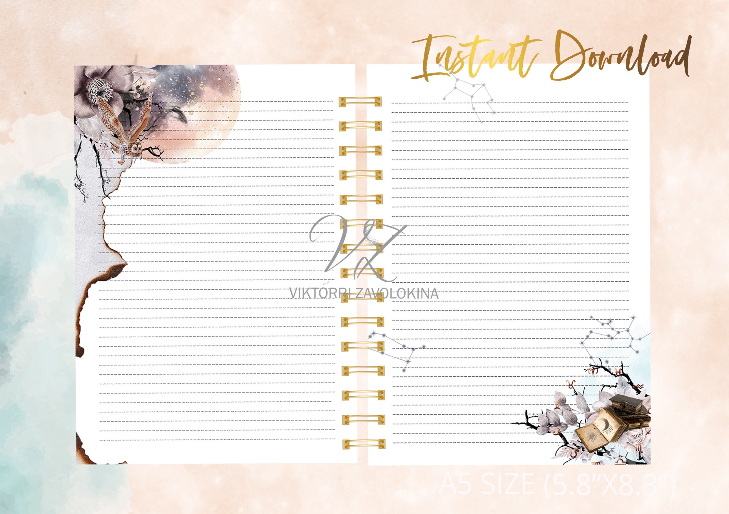 A5 Magic Moon Notes Pages Printable Moon & Owl Lined Writing Journal ...