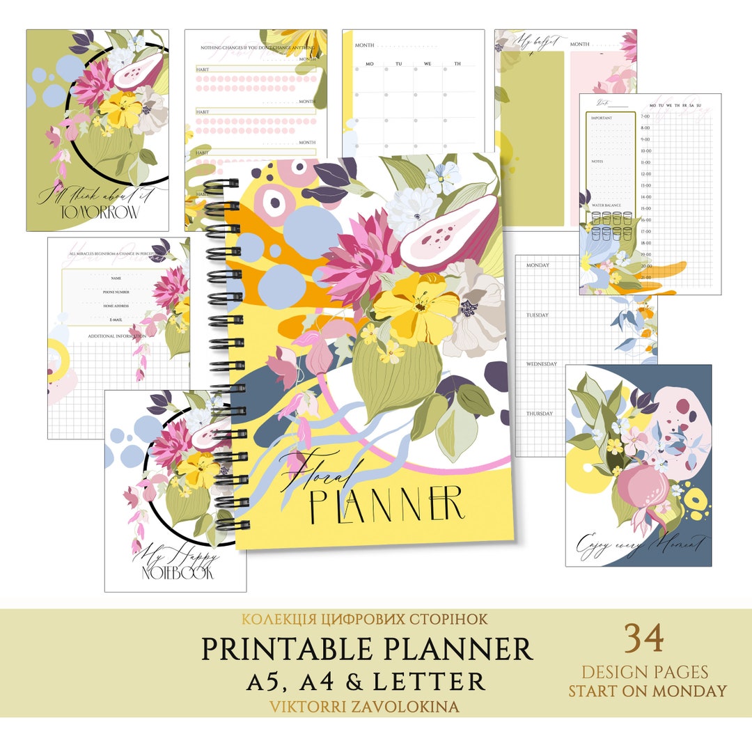 Floral Printable Planner Pages, Flowers Notebook Cover With Undated ...