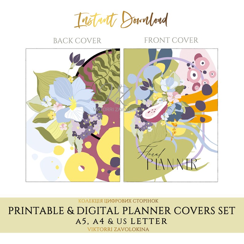 Floral Abstract Printable Planner Covers, Digital Notebook Cover ...