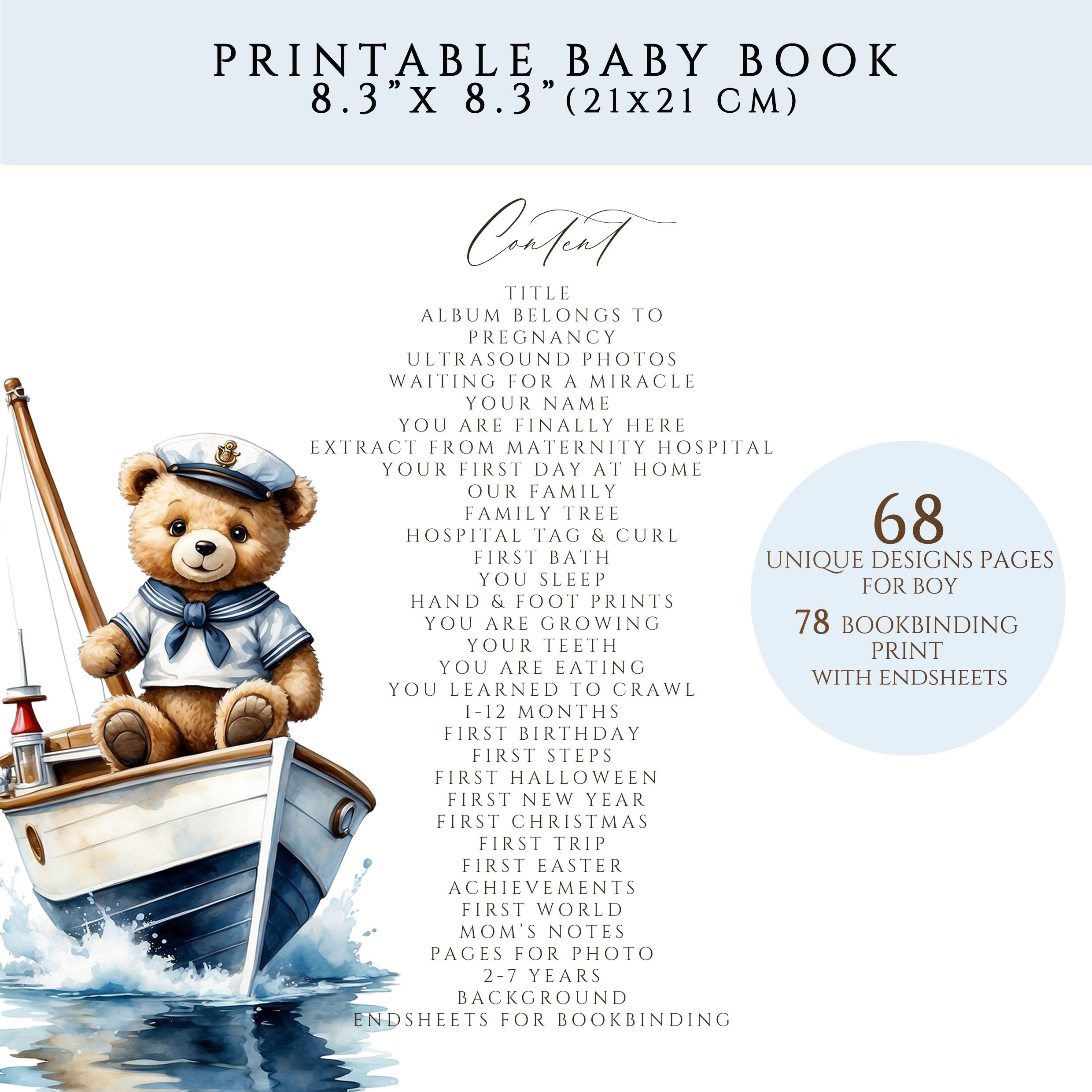 Nautical Sailor Bear Baby Monthly Milestone Book, Printable Baby Memory ...
