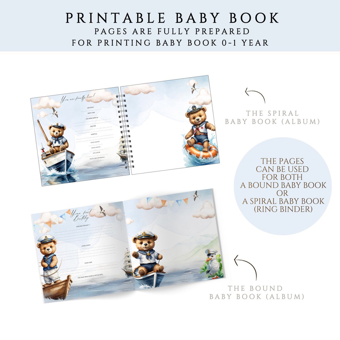 Nautical Sailor Bear Baby Monthly Milestone Book, Printable Baby Memory ...