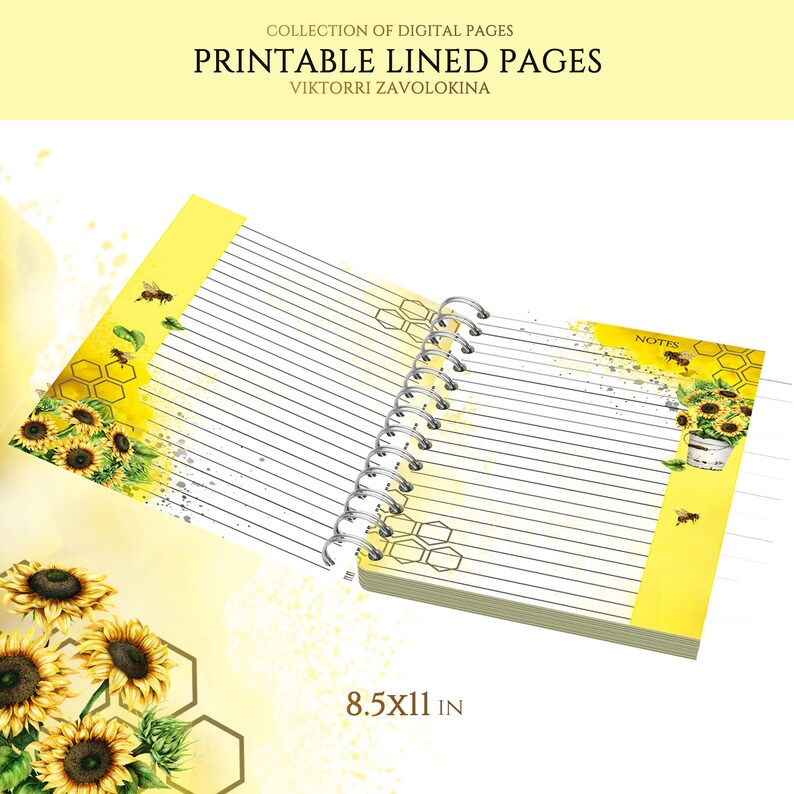 Lined & Unlined Journal Paper, Printable Note Pages, Sunflowers Bees ...