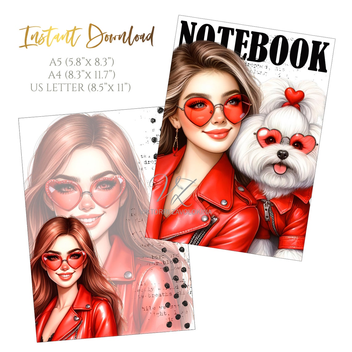 Red Fashion Girl Printable Planner Covers, Digital Notebook Cover ...