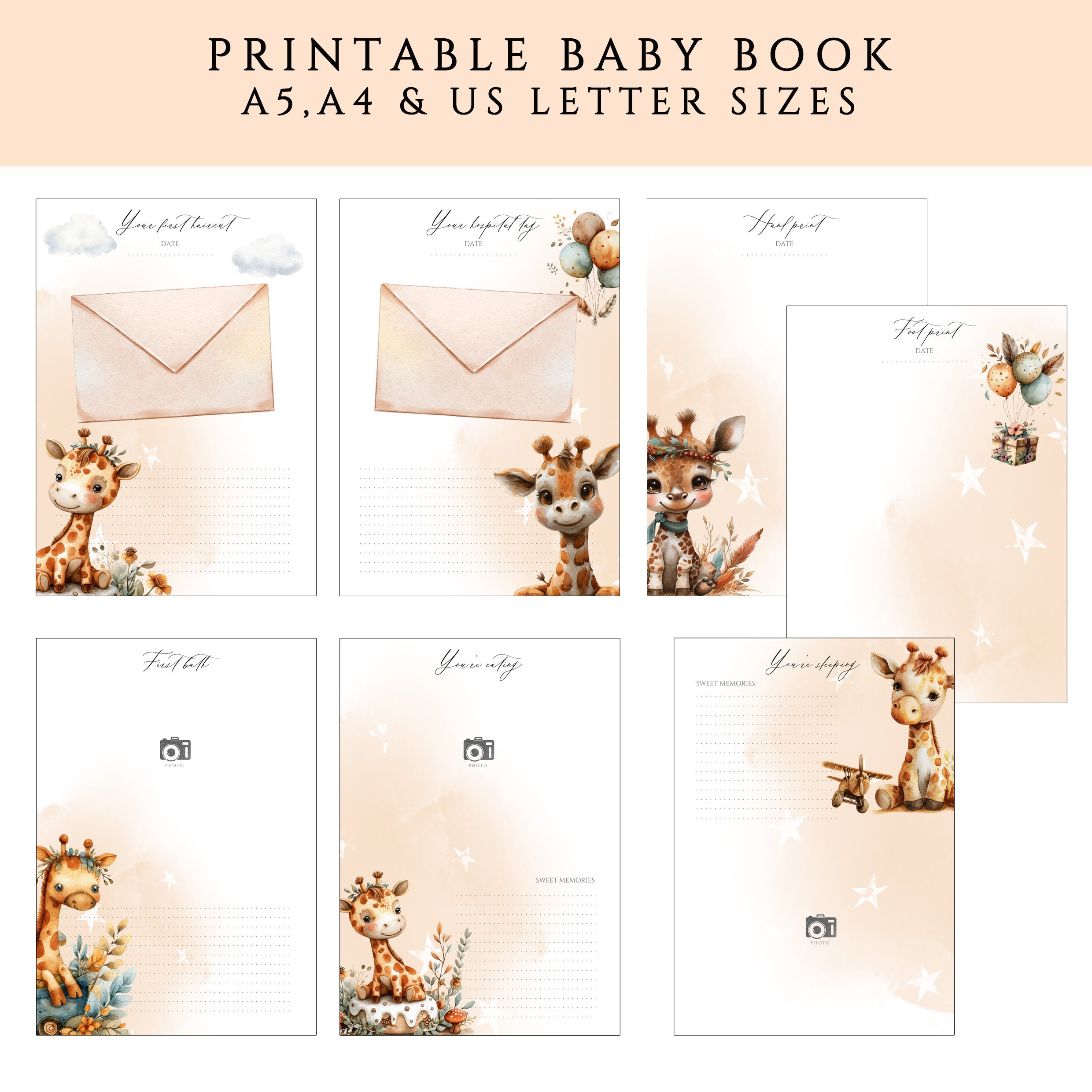 Printable Baby Memory Book Pages, Giraffe Baby Monthly Milestone Book ...