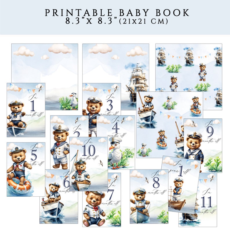 Nautical Sailor Bear Baby Monthly Milestone Book, Printable Baby Memory ...