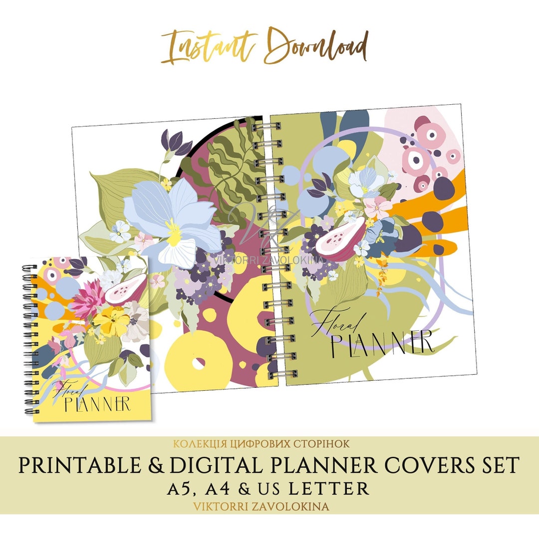 Floral Abstract Printable Planner Covers, Digital Notebook Cover ...
