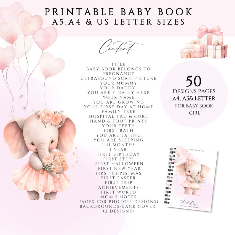 1st Printable Baby Book Pages, Pink Elephant Baby Memory Book, First ...