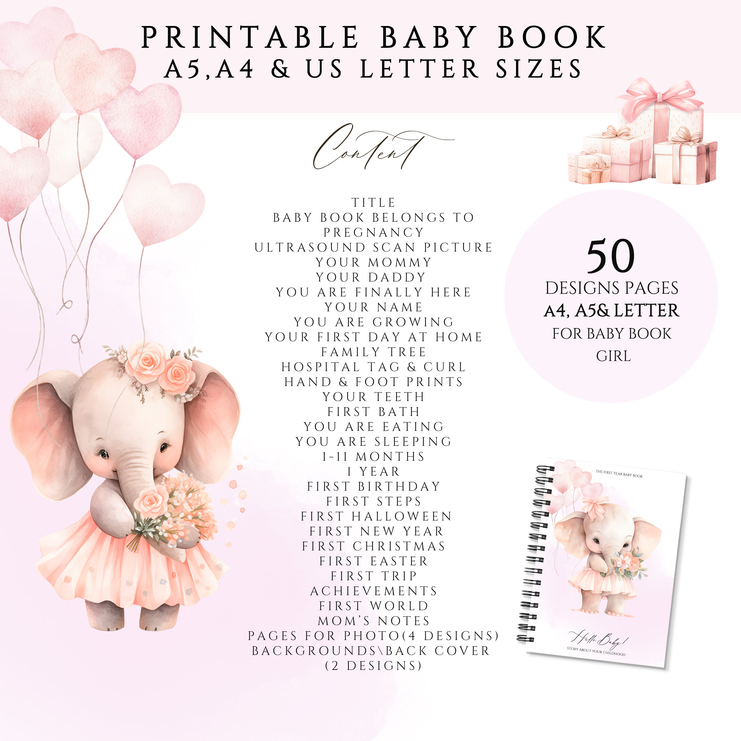 1st Printable Baby Book Pages, Pink Elephant Baby Memory Book, First ...