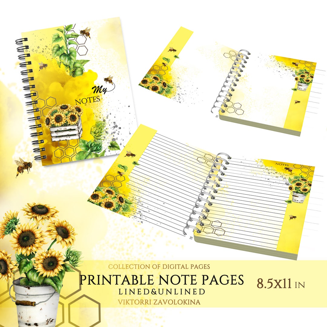 Lined & Unlined Journal Paper, Printable Note Pages, Sunflowers Bees ...