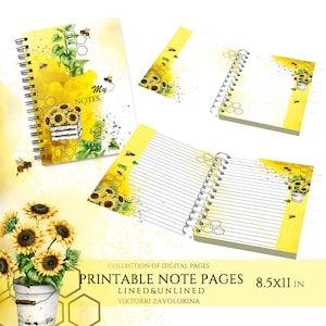 Lined & Unlined Journal Paper, Printable Note Pages, Sunflowers Bees ...