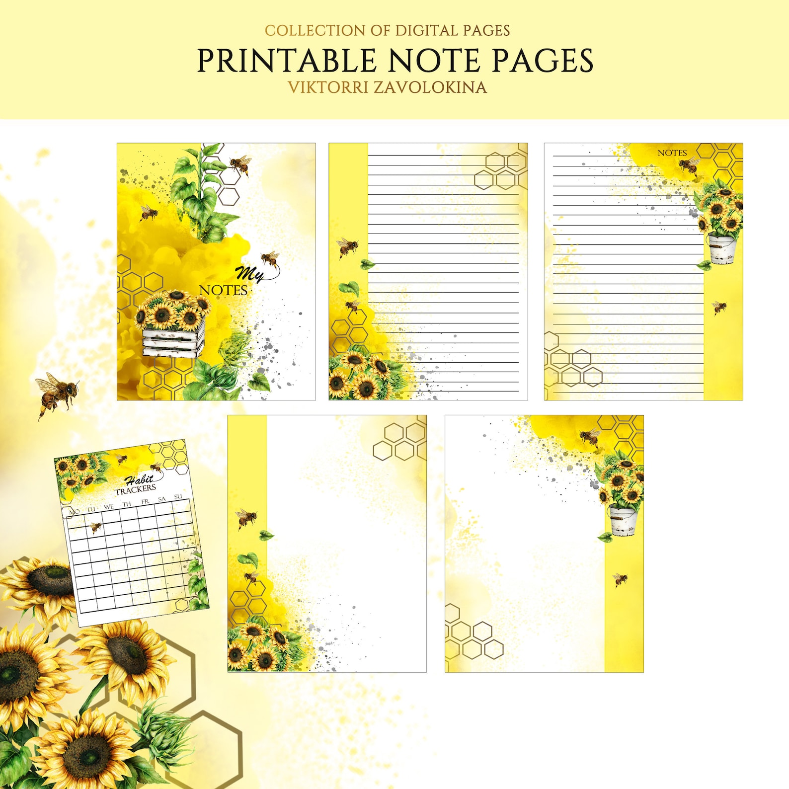 Lined & Unlined Journal Paper, Printable Note Pages, Sunflowers Bees ...