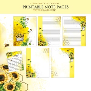 Lined & Unlined Journal Paper, Printable Note Pages, Sunflowers Bees ...