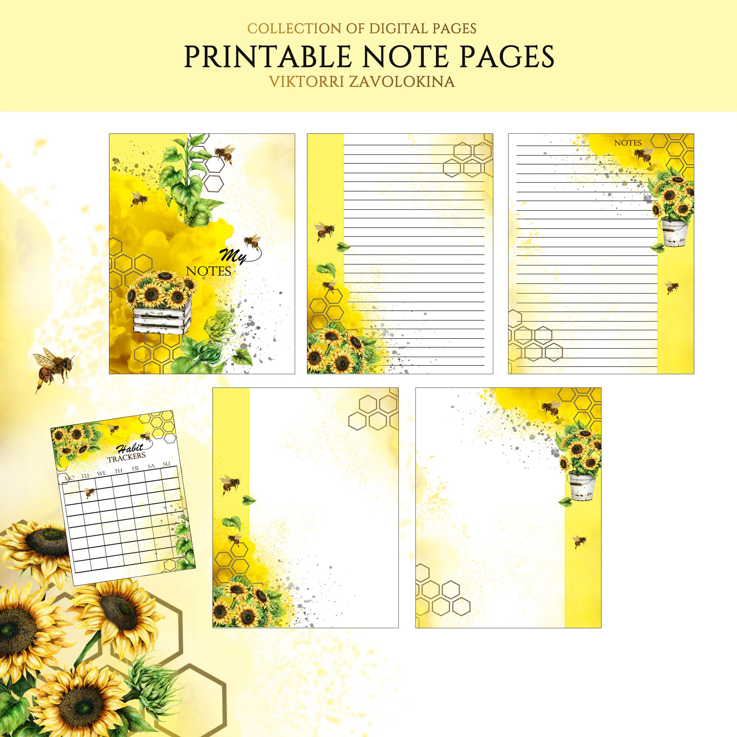 Lined & Unlined Journal Paper, Printable Note Pages, Sunflowers Bees ...